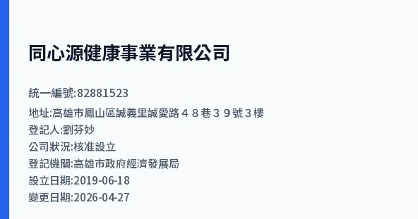 同心源健康事業有限公司的照片-統編 82881523(高雄市) 公司登記資料與營業項目詳細圖表