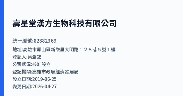 壽星堂漢方生物科技有限公司的照片-統編 82882369(高雄市) 公司登記資料與營業項目詳細圖表