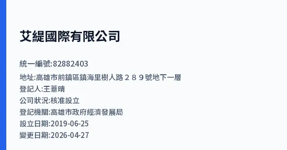 艾緹國際有限公司的照片-統編 82882403(高雄市) 公司登記資料與營業項目詳細圖表