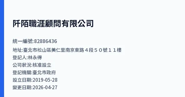 阡陌職涯顧問有限公司的照片-統編 82886436(臺北市) 公司登記資料與營業項目詳細圖表
