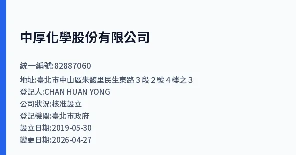 中厚化學股份有限公司的照片-統編 82887060(臺北市) 公司登記資料與營業項目詳細圖表
