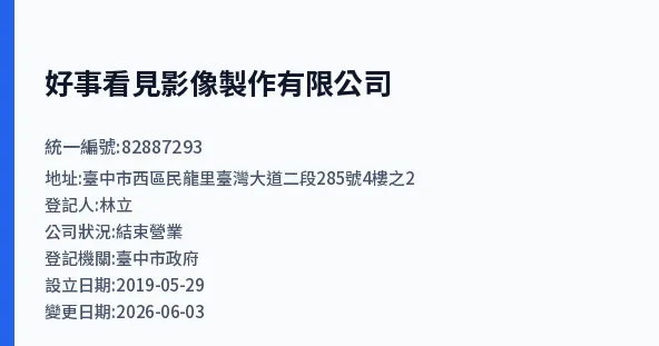 好事看見影像製作有限公司的照片-統編 82887293(臺中市) 公司登記資料與營業項目詳細圖表