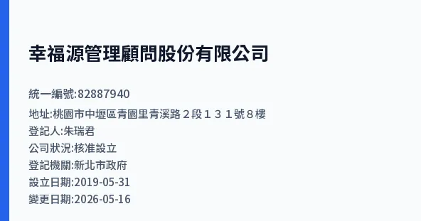 幸福源管理顧問股份有限公司的照片-統編 82887940(桃園市) 公司登記資料與營業項目詳細圖表