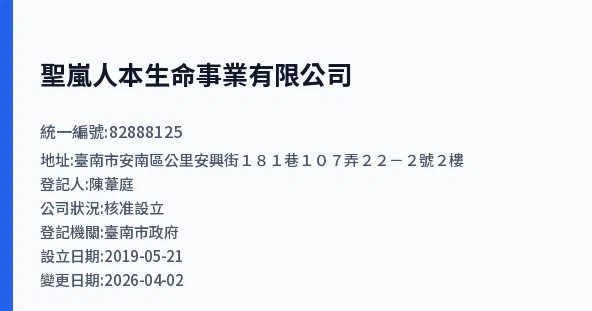 聖嵐人本生命事業有限公司的照片-統編 82888125(臺南市) 公司登記資料與營業項目詳細圖表