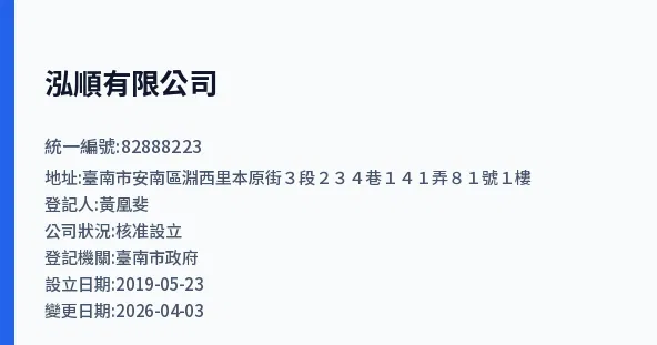 泓順有限公司的照片-統編 82888223(臺南市) 公司登記資料與營業項目詳細圖表