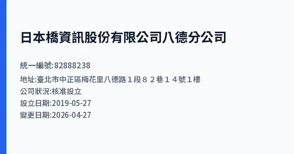 日本橋資訊股份有限公司八德分公司的照片-統編 82888238(臺北市) 公司登記資料與營業項目詳細圖表