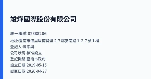 竣燁國際股份有限公司的照片-統編 82888286(臺南市) 公司登記資料與營業項目詳細圖表