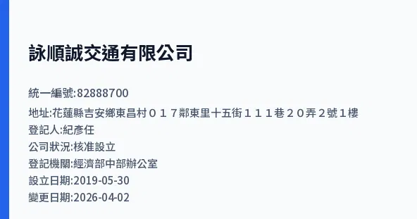 詠順誠交通有限公司的照片-統編 82888700(花蓮縣) 公司登記資料與營業項目詳細圖表