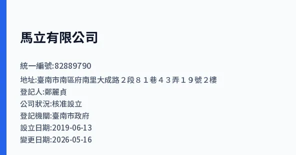 馬立有限公司的照片-統編 82889790(臺南市) 公司登記資料與營業項目詳細圖表