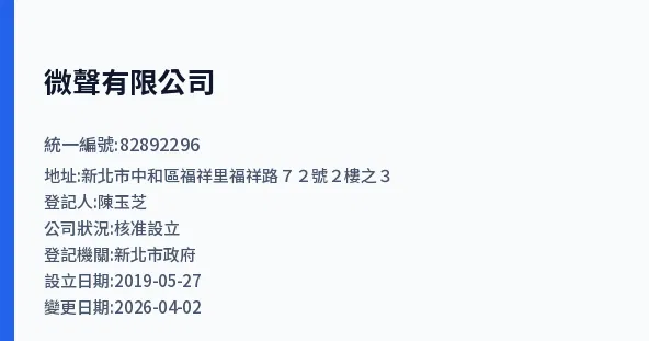 微聲有限公司的照片-統編 82892296(新北市) 公司登記資料與營業項目詳細圖表