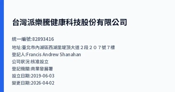 台灣派樂騰健康科技股份有限公司的照片-統編 82893416(臺北市) 公司登記資料與營業項目詳細圖表
