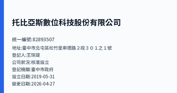 托比亞斯數位科技股份有限公司的照片-統編 82893507(臺中市) 公司登記資料與營業項目詳細圖表