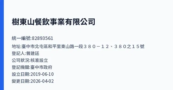 樹東山餐飲事業有限公司的照片-統編 82893561(臺中市) 公司登記資料與營業項目詳細圖表