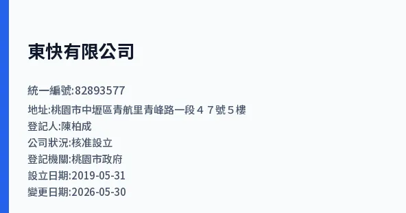 東快有限公司的照片-統編 82893577(桃園市) 公司登記資料與營業項目詳細圖表