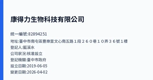 康得力生物科技有限公司的照片-統編 82894251(臺中市) 公司登記資料與營業項目詳細圖表
