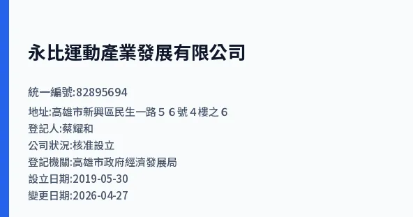 永比運動產業發展有限公司的照片-統編 82895694(高雄市) 公司登記資料與營業項目詳細圖表