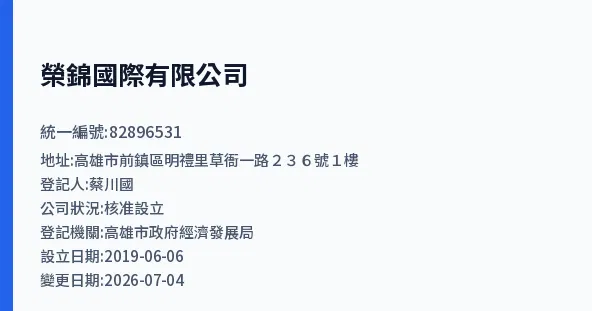 榮錦國際有限公司的照片-統編 82896531(高雄市) 公司登記資料與營業項目詳細圖表