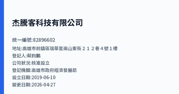 杰騰客科技有限公司的照片-統編 82896602(高雄市) 公司登記資料與營業項目詳細圖表