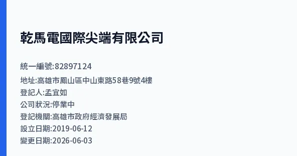 乾馬電國際尖端有限公司的照片-統編 82897124(高雄市) 公司登記資料與營業項目詳細圖表