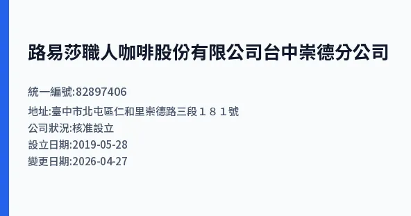 路易莎職人咖啡股份有限公司台中崇德分公司的照片-統編 82897406(臺中市) 公司登記資料與營業項目詳細圖表