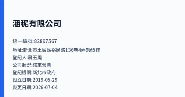 涵秜有限公司的照片-統編 82897567(新北市) 公司登記資料與營業項目詳細圖表