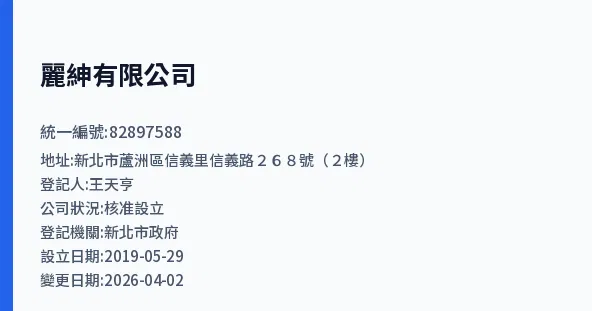 麗紳有限公司的照片-統編 82897588(新北市) 公司登記資料與營業項目詳細圖表