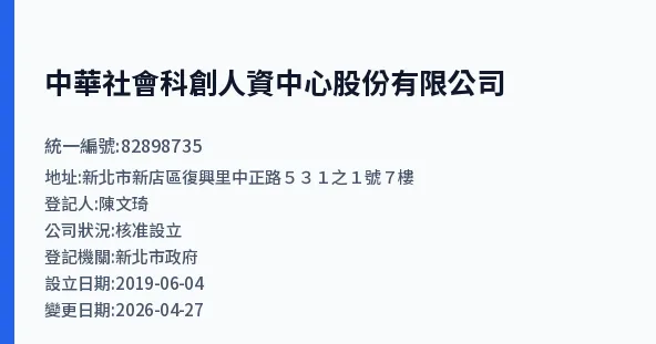 中華社會科創人資中心股份有限公司的照片-統編 82898735(新北市) 公司登記資料與營業項目詳細圖表