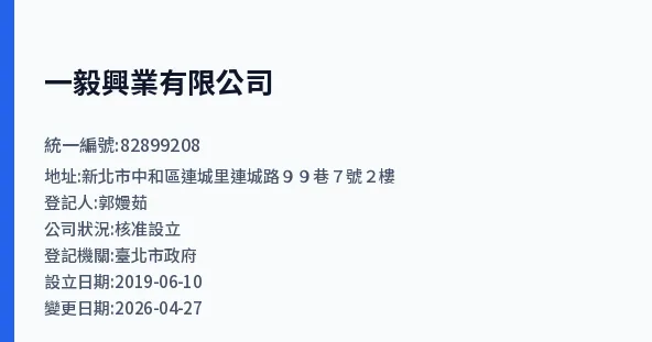 一毅興業有限公司的照片-統編 82899208(新北市) 公司登記資料與營業項目詳細圖表