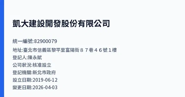 凱大建設開發股份有限公司的照片-統編 82900079(臺北市) 公司登記資料與營業項目詳細圖表