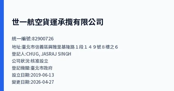 世一航空貨運承攬有限公司的照片-統編 82900726(臺北市) 公司登記資料與營業項目詳細圖表
