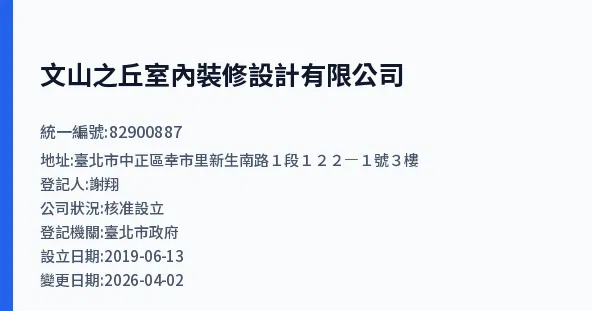 文山之丘室內裝修設計有限公司的照片-統編 82900887(臺北市) 公司登記資料與營業項目詳細圖表