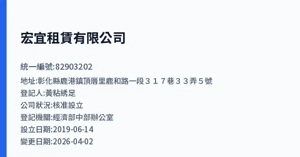 宏宜租賃有限公司的照片-統編 82903202(彰化縣) 公司登記資料與營業項目詳細圖表