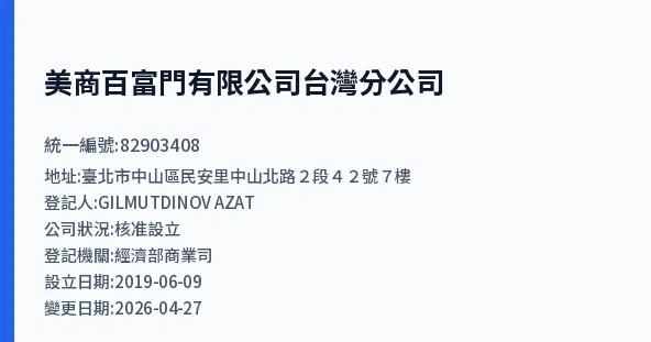 美商百富門有限公司台灣分公司的照片-統編 82903408(臺北市) 公司登記資料與營業項目詳細圖表