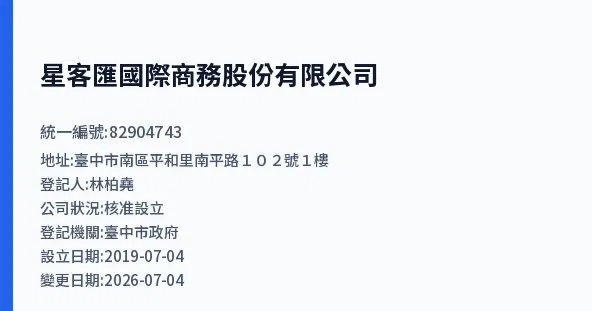 星客匯國際商務股份有限公司的照片-統編 82904743(臺中市) 公司登記資料與營業項目詳細圖表