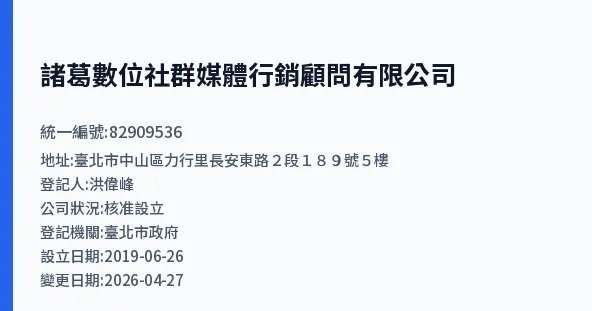 諸葛數位社群媒體行銷顧問有限公司的照片-統編 82909536(臺北市) 公司登記資料與營業項目詳細圖表