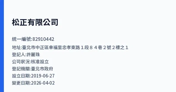 松正有限公司的照片-統編 82910442(臺北市) 公司登記資料與營業項目詳細圖表