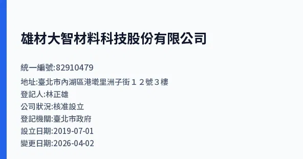 雄材大智材料科技股份有限公司的照片-統編 82910479(臺北市) 公司登記資料與營業項目詳細圖表
