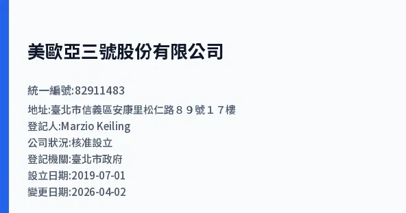 美歐亞三號股份有限公司的照片-統編 82911483(臺北市) 公司登記資料與營業項目詳細圖表