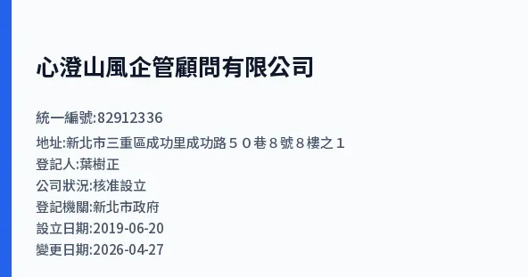 心澄山風企管顧問有限公司的照片-統編 82912336(新北市) 公司登記資料與營業項目詳細圖表