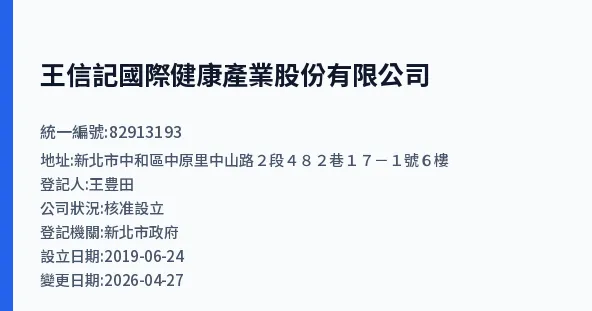 王信記國際健康產業股份有限公司的照片-統編 82913193(新北市) 公司登記資料與營業項目詳細圖表