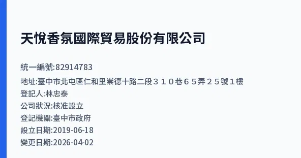 天悅香氛國際貿易股份有限公司的照片-統編 82914783(臺中市) 公司登記資料與營業項目詳細圖表