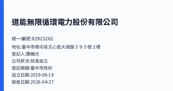 道能無限循環電力股份有限公司的照片-統編 82915262(臺中市) 公司登記資料與營業項目詳細圖表