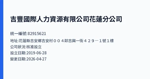 吉豐國際人力資源有限公司花蓮分公司的照片-統編 82915621(花蓮縣) 公司登記資料與營業項目詳細圖表