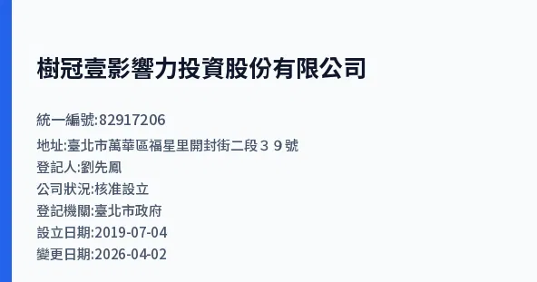 樹冠壹影響力投資股份有限公司的照片-統編 82917206(臺北市) 公司登記資料與營業項目詳細圖表