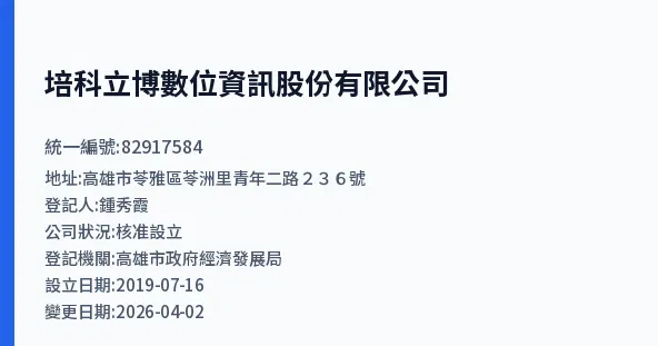 培科立博數位資訊股份有限公司的照片-統編 82917584(高雄市) 公司登記資料與營業項目詳細圖表