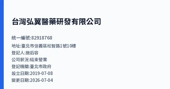 台灣弘翼醫藥研發有限公司的照片-統編 82918768(臺北市) 公司登記資料與營業項目詳細圖表