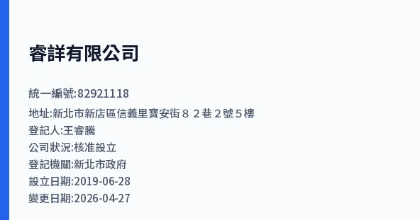 睿詳有限公司的照片-統編 82921118(新北市) 公司登記資料與營業項目詳細圖表