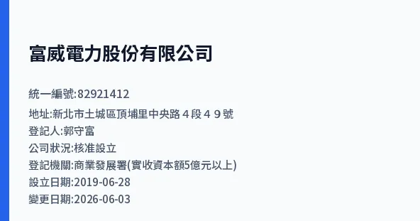 富威電力股份有限公司的照片-統編 82921412(新北市) 公司登記資料與營業項目詳細圖表
