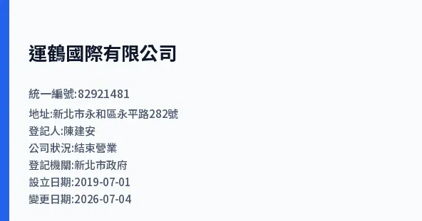 運鶴國際有限公司的照片-統編 82921481(新北市) 公司登記資料與營業項目詳細圖表