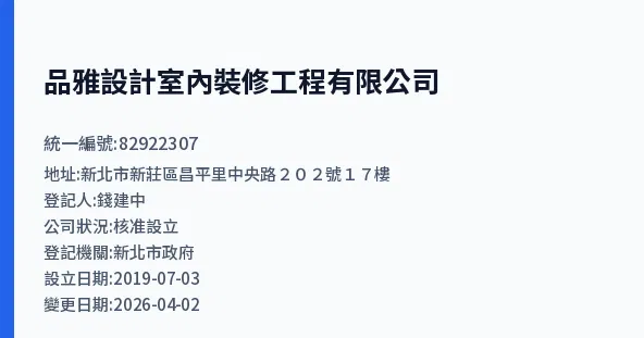 品雅設計室內裝修工程有限公司的照片-統編 82922307(新北市) 公司登記資料與營業項目詳細圖表